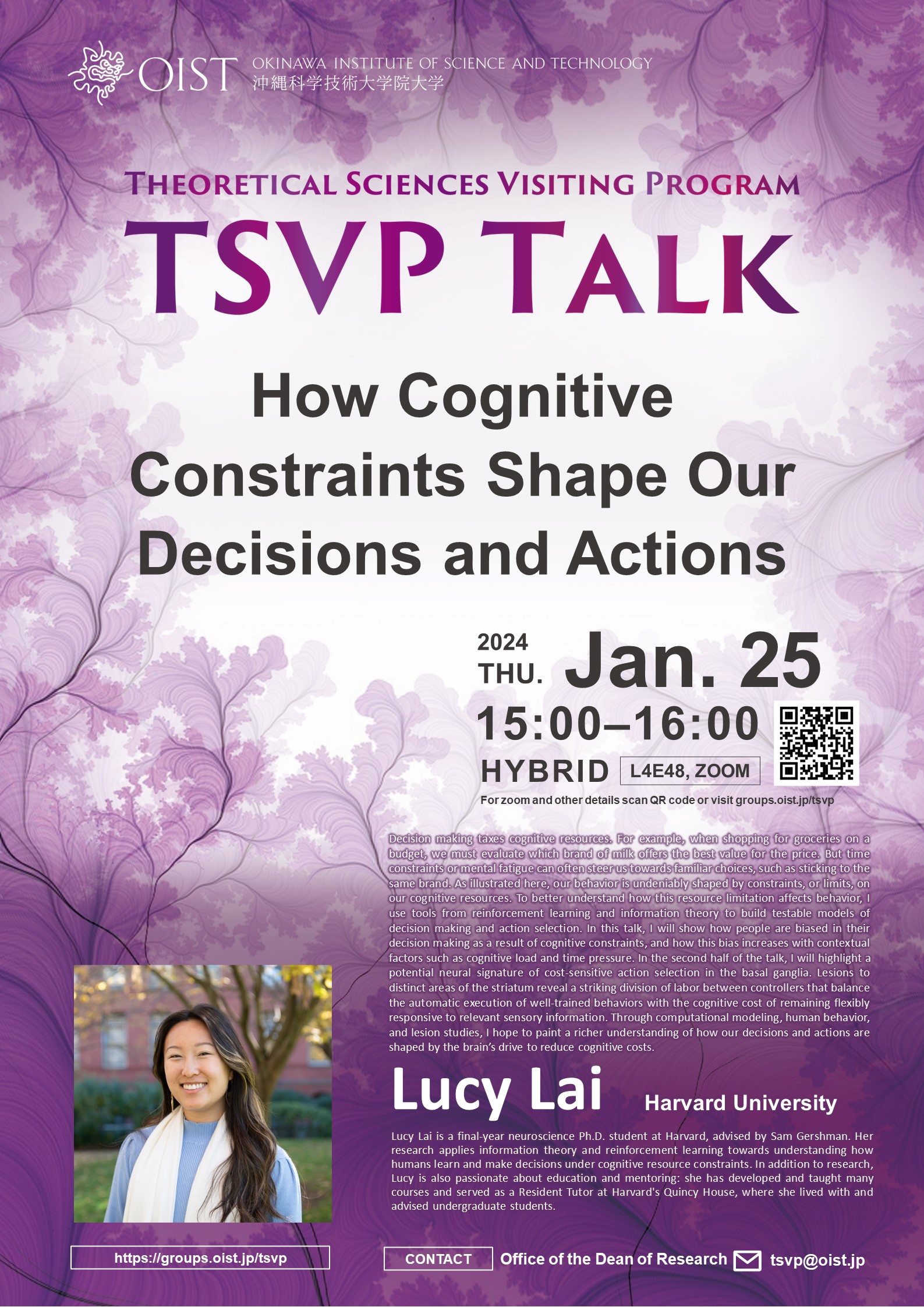 TSVP Talk "How Cognitive Constraints Shape Our Decisions and Actions" by Lucy Lai | OIST Groups